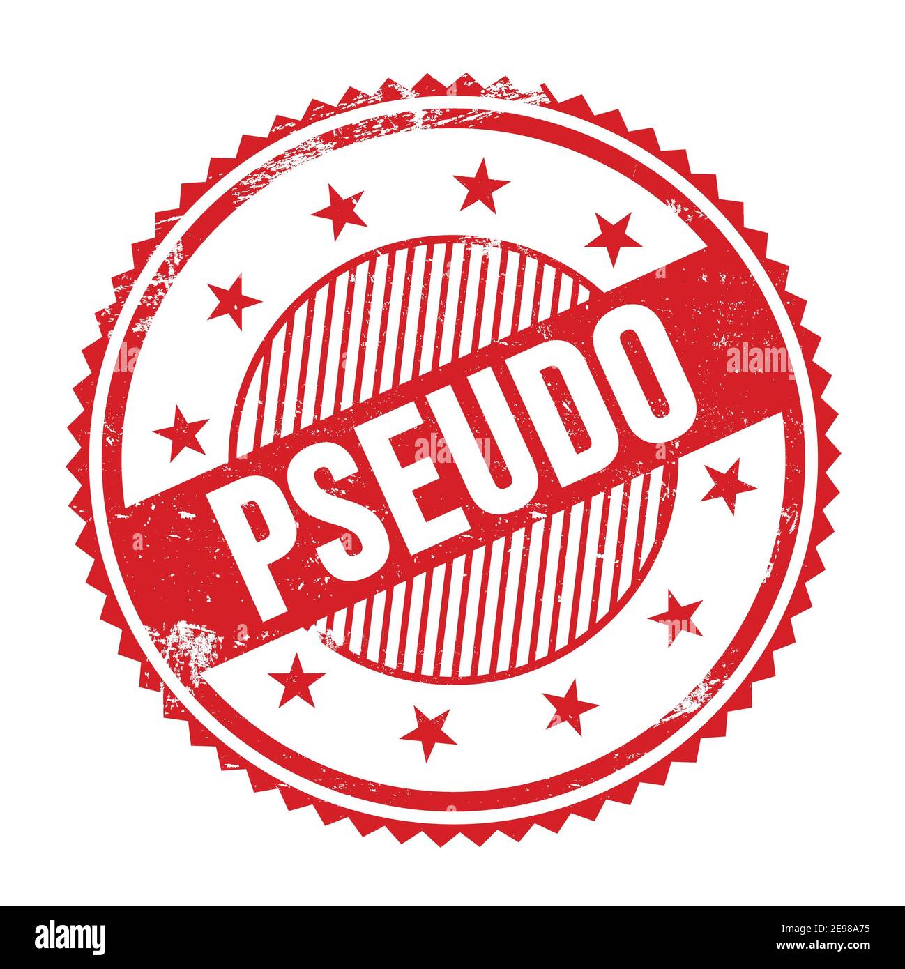 PSEUDO text written on red grungy zig zag borders round stamp Stock ...