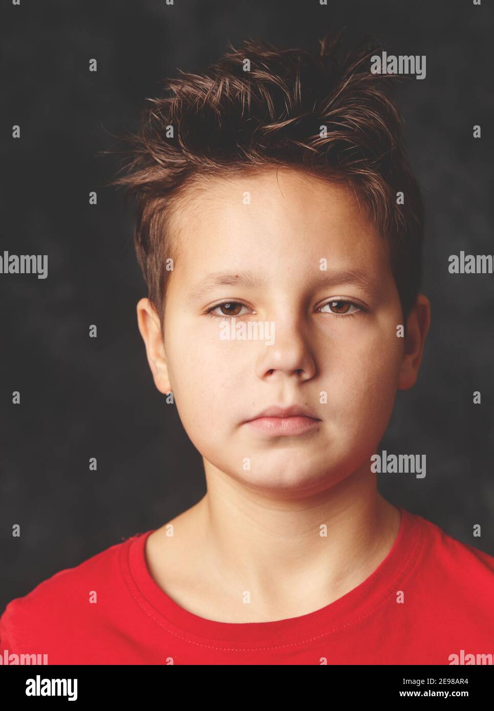 European school-age boy with brown eyes looking directly at the camera ...