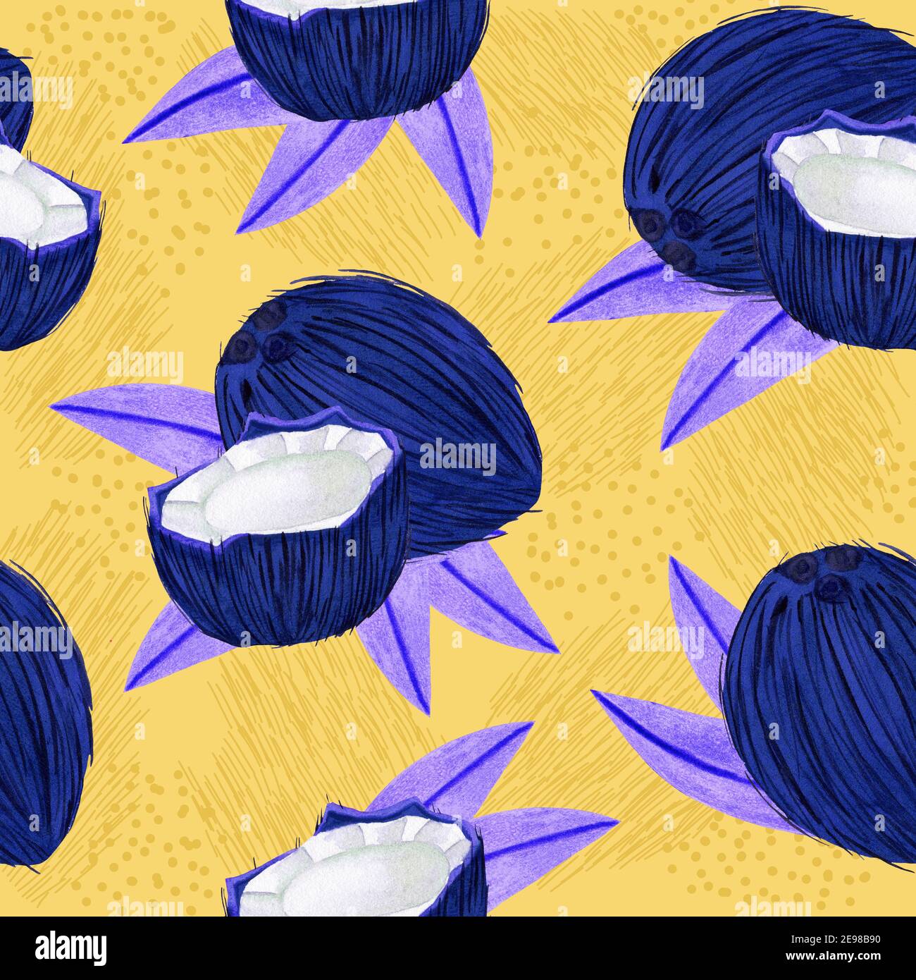 Whole coco and a half with leaves seamless pattern Stock Photo - Alamy