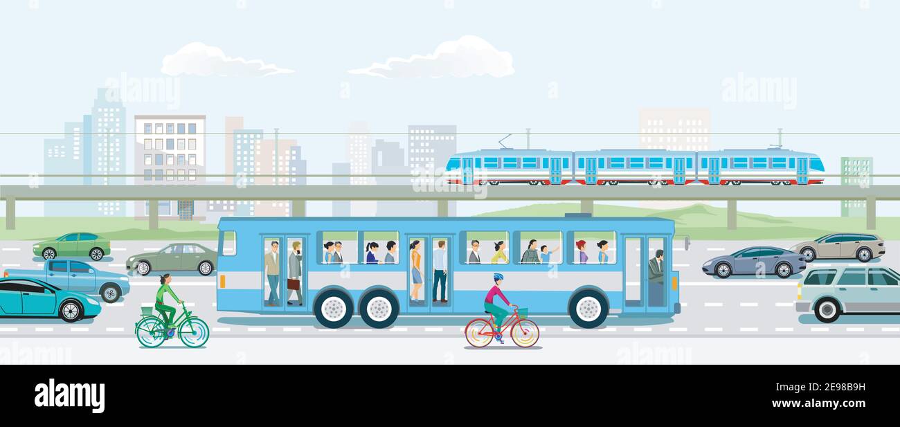 Road traffic with elevated train, bus and cyclist and cityscape ...