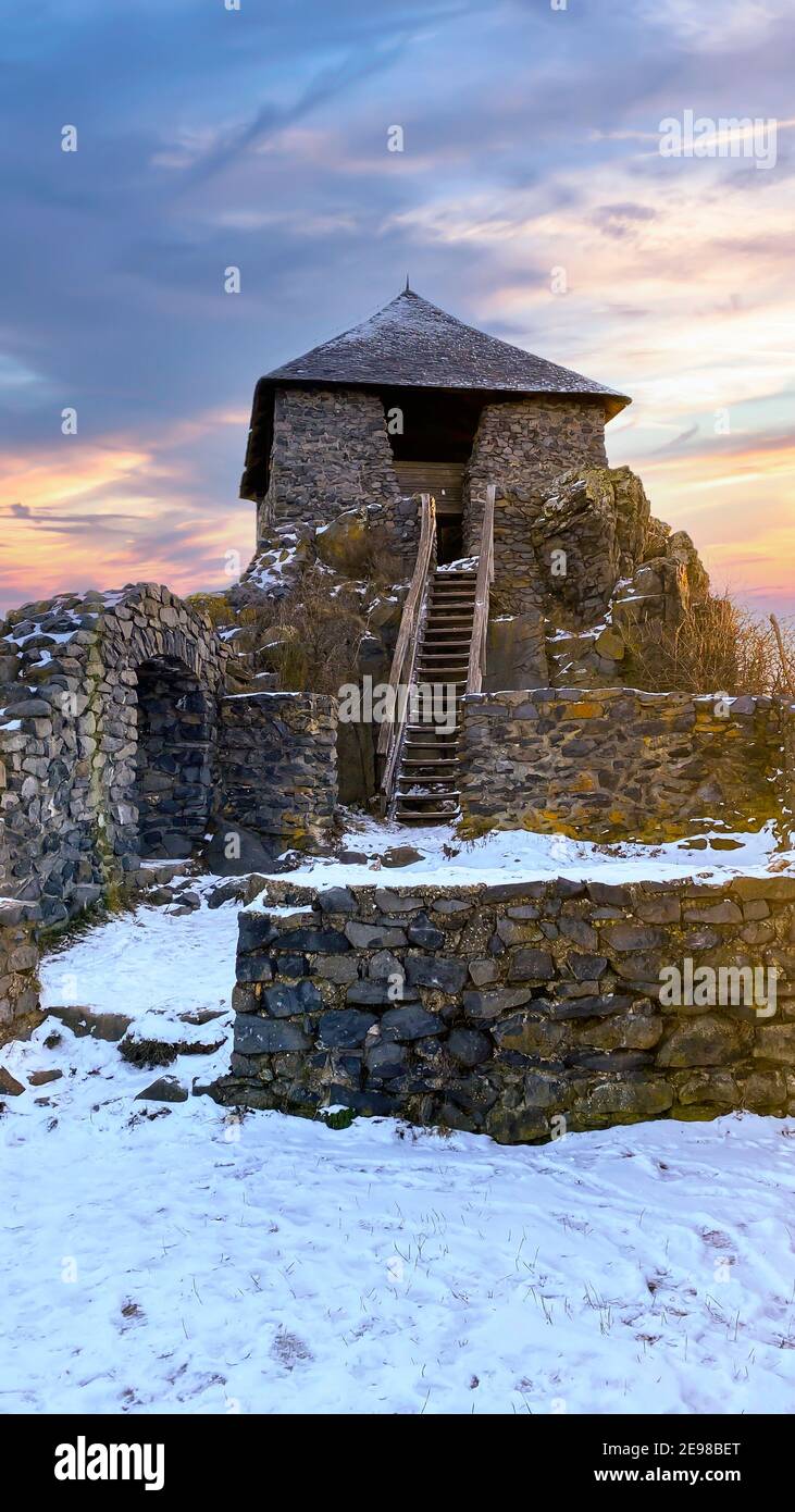 Salgo castle ruins in Hungary. Medieval fort ruins next to Salgobanya ...