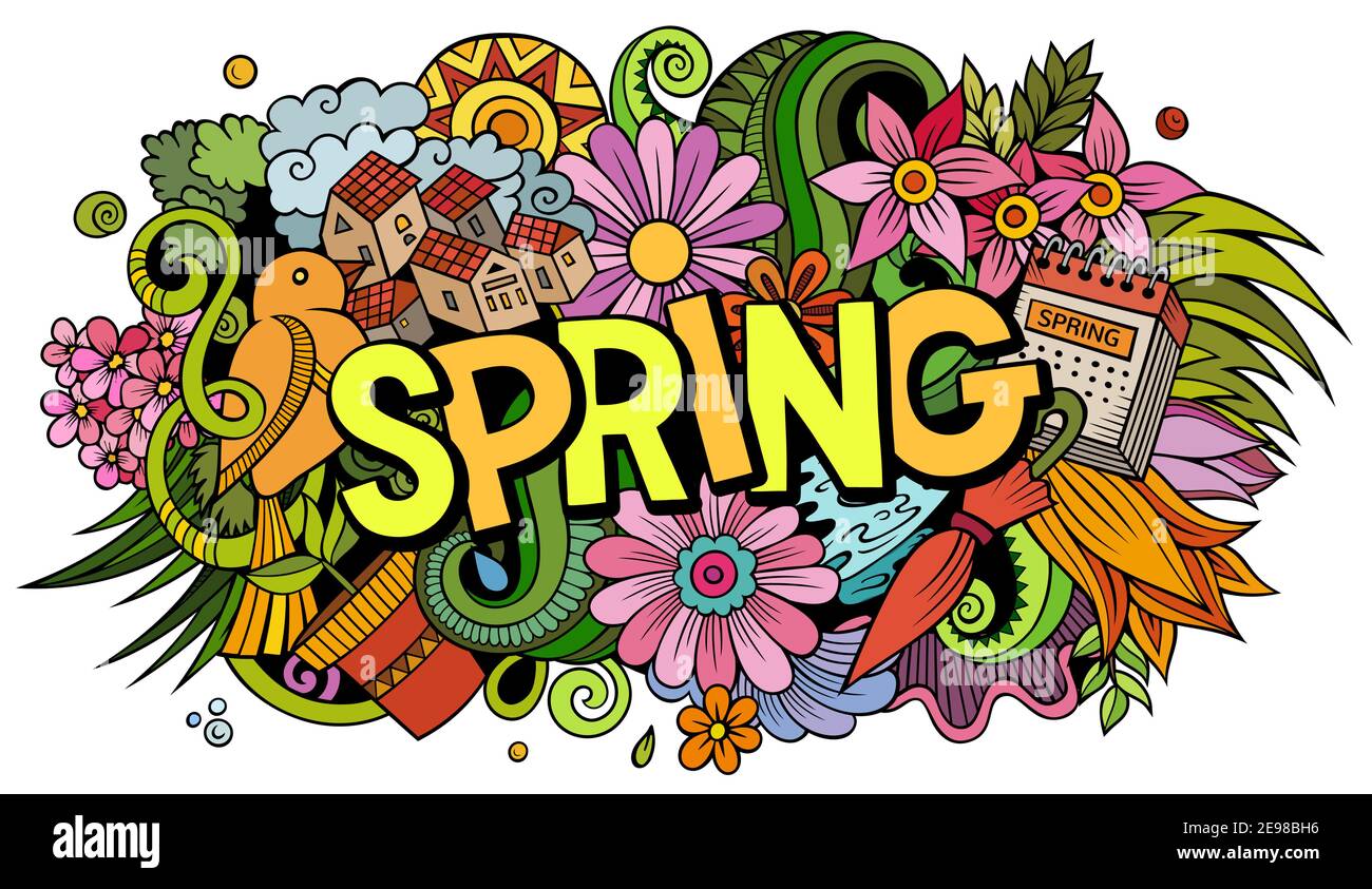 Spring hand drawn cartoon doodles illustration. Funny seasonal design ...