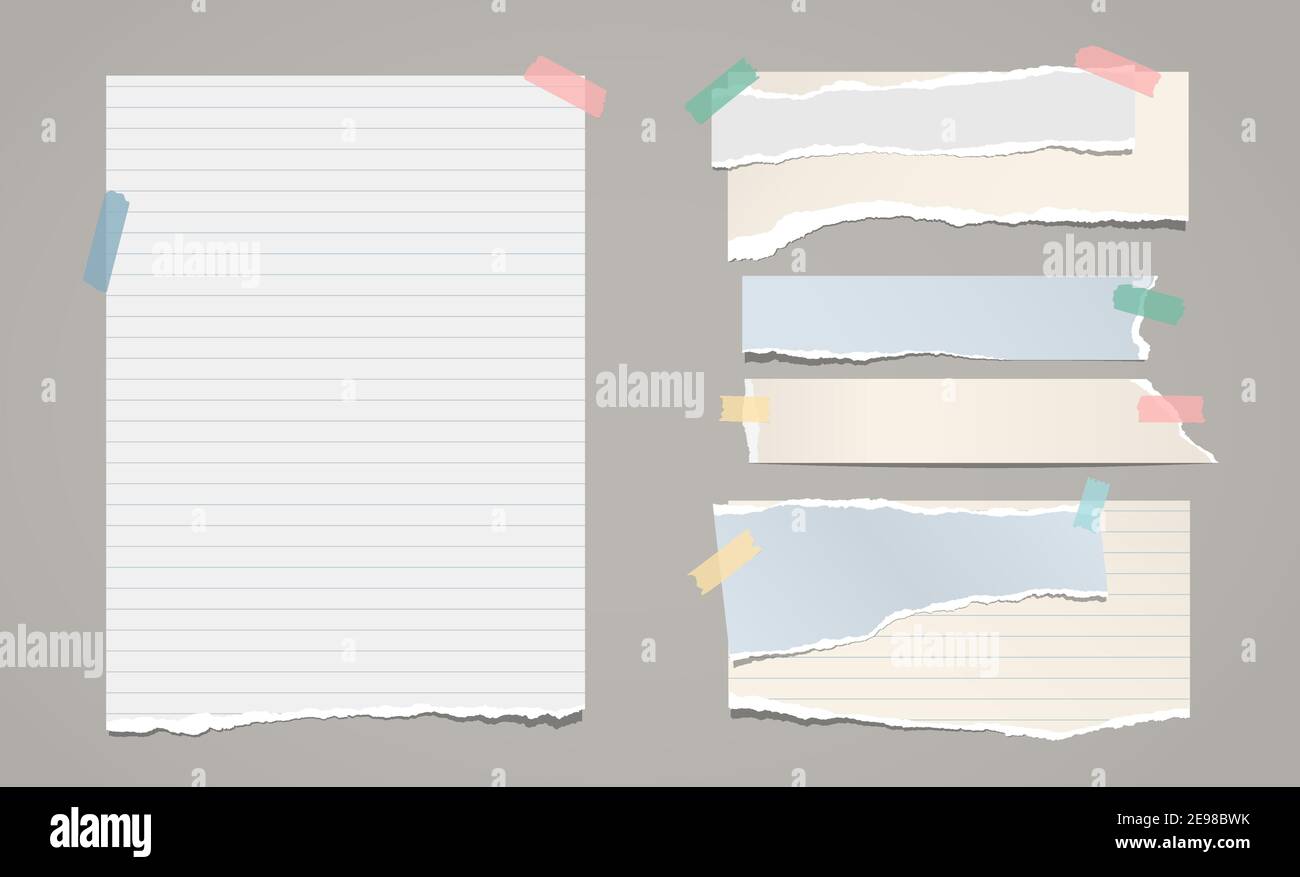 Set of torn white, colorful note, notebook paper pieces stuck on dark ... Set of torn white, colorful note, notebook paper pieces stuck on dark ...