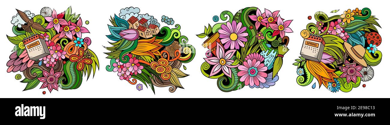 Spring cartoon vector doodle designs set Stock Vector Image & Art - Alamy