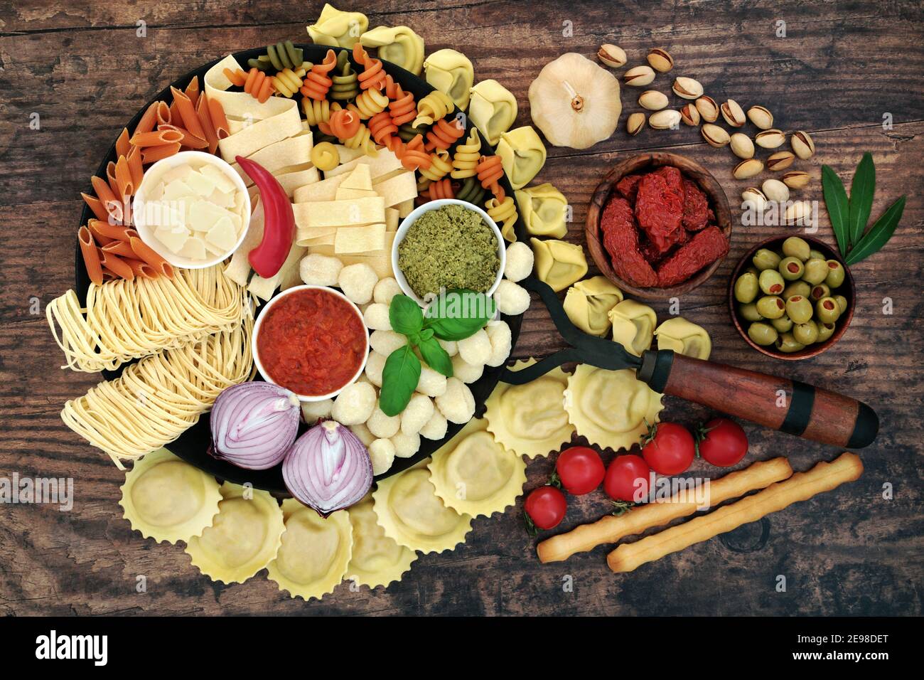 Large collection of Italian pasta & health food ingredients on an old ...