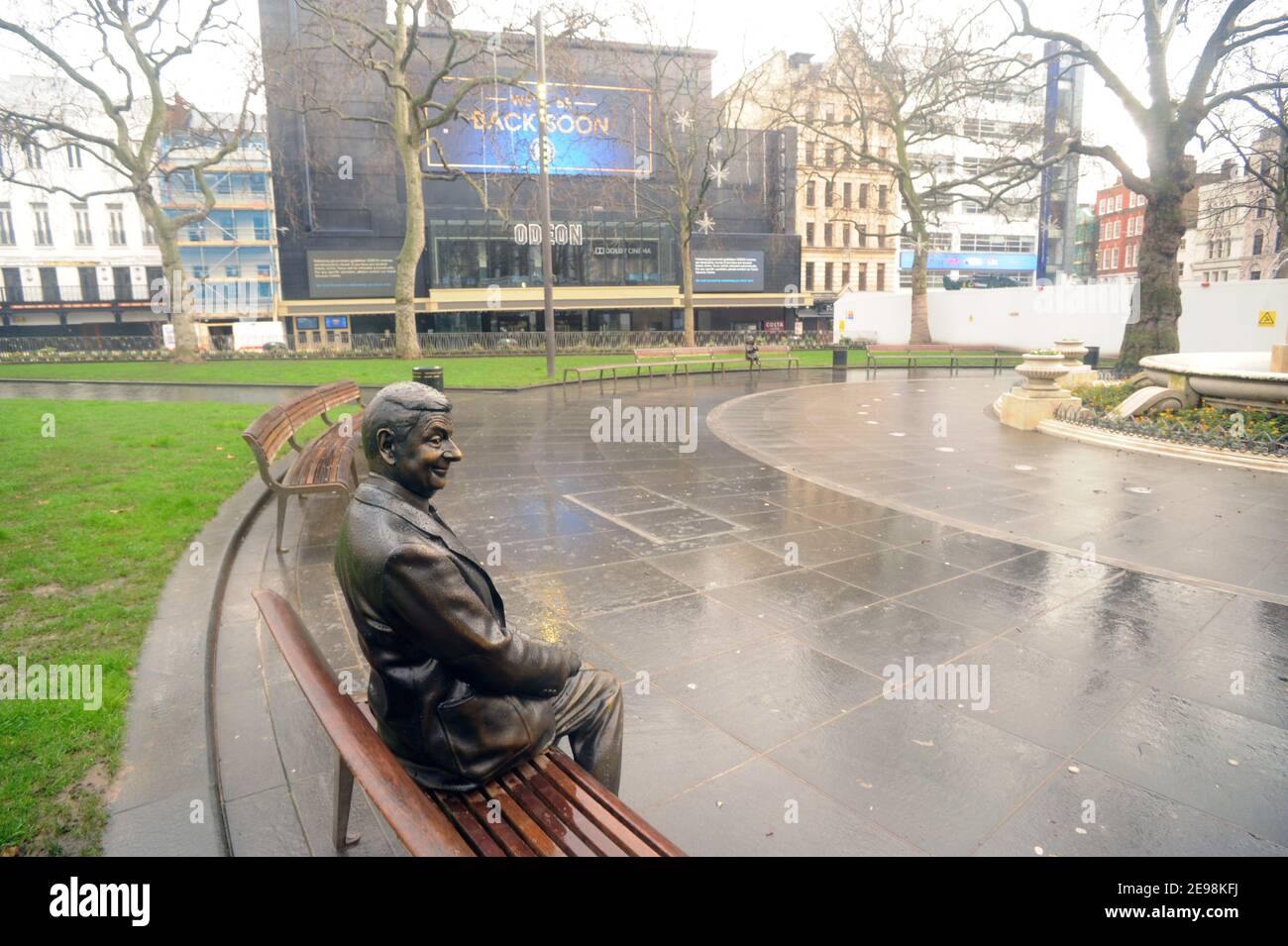London, UK. 3rd Feb, 2021. Leicester Square deserted - Mr Bean statue ...