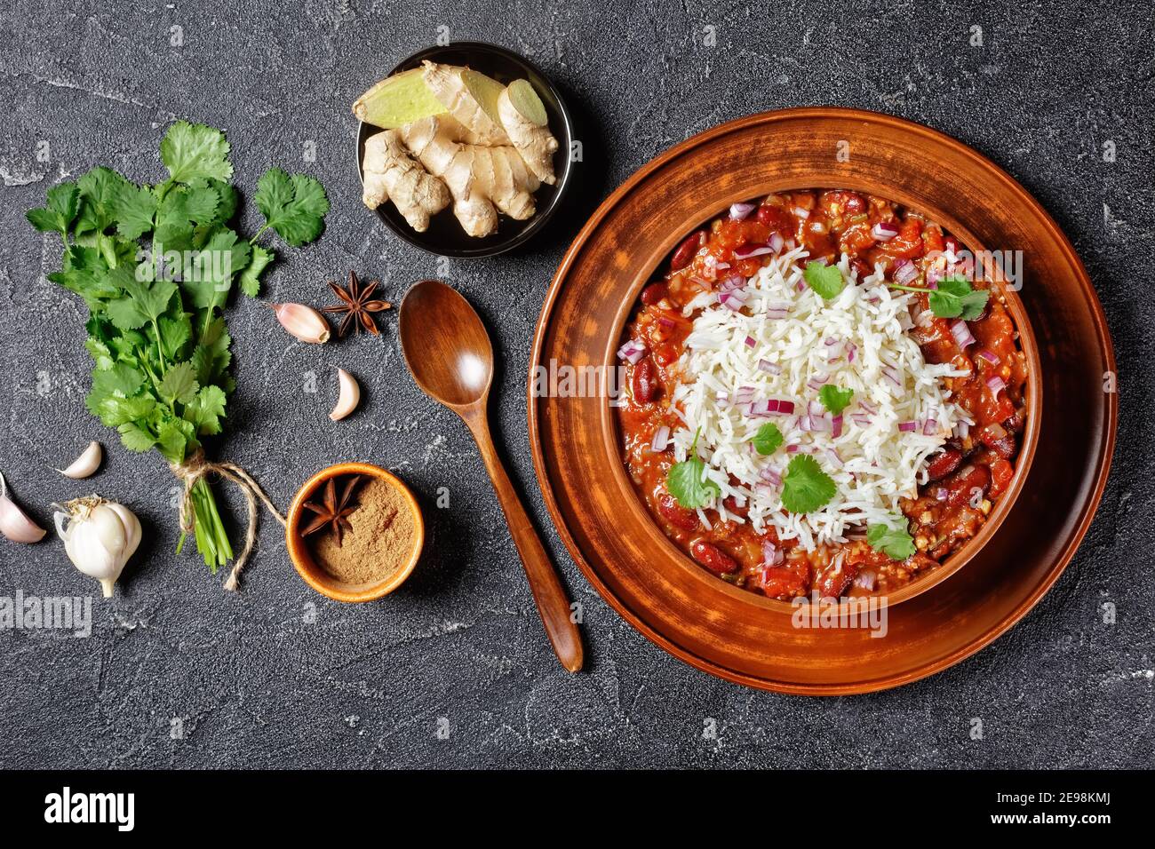 Rajma red bean masala, red bean kidney curry, with rice in a clay bowl ...