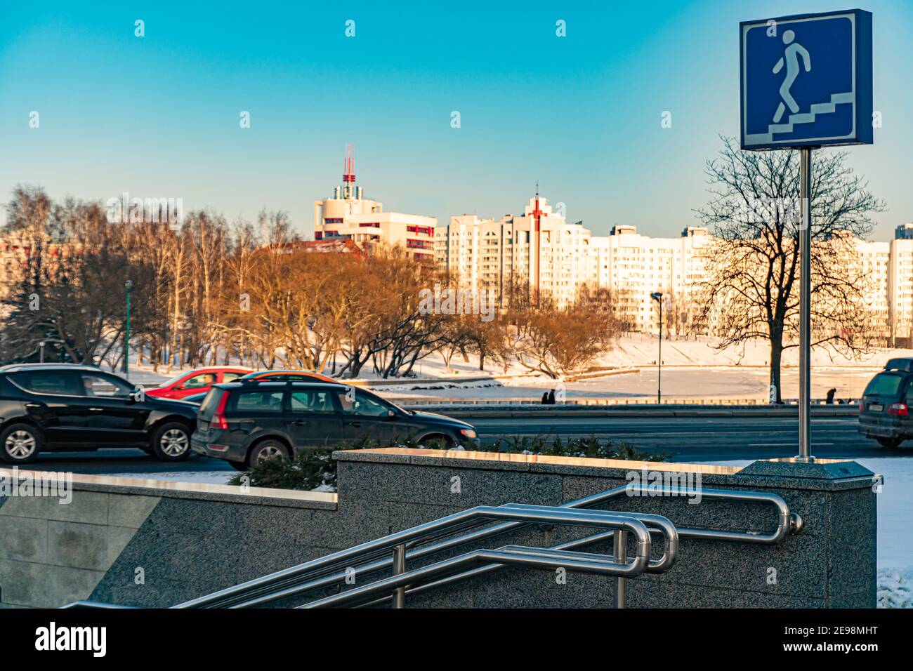 Pedestrian crossing road sign and subway descent, railings for subway ...