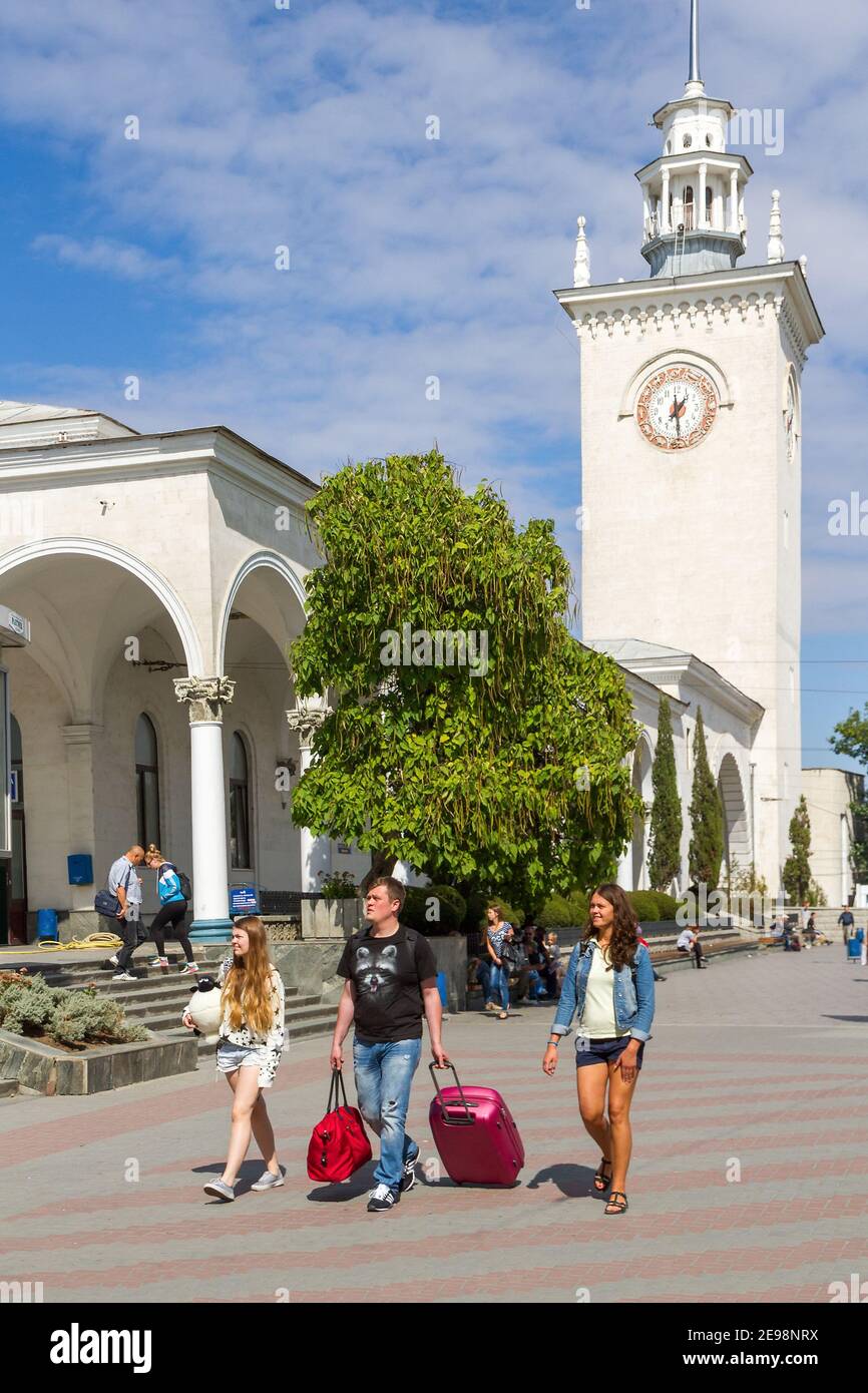 Russia. Republic of Crimea. Railway station in Simferopol. Tourists at ...