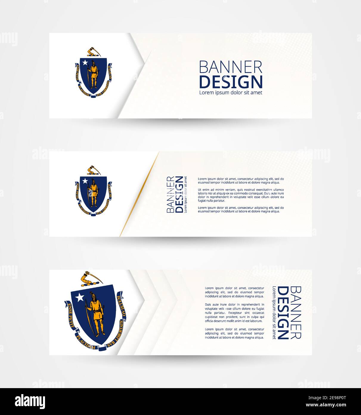 Set of three horizontal banners with US state flag of Massachusetts ...