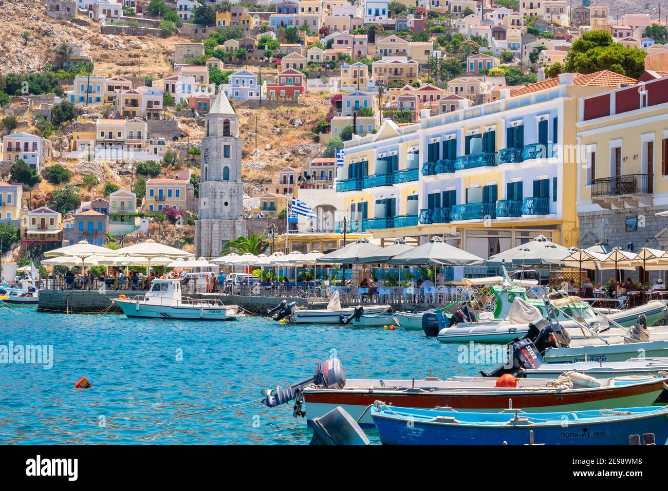 View to waterfront harbour and main town on the Symi Island. Greece ...