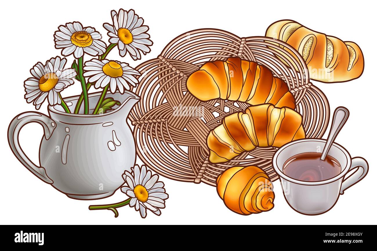 Buns and tea, wicker napkin and flowers in a jug hand drawn vector ...