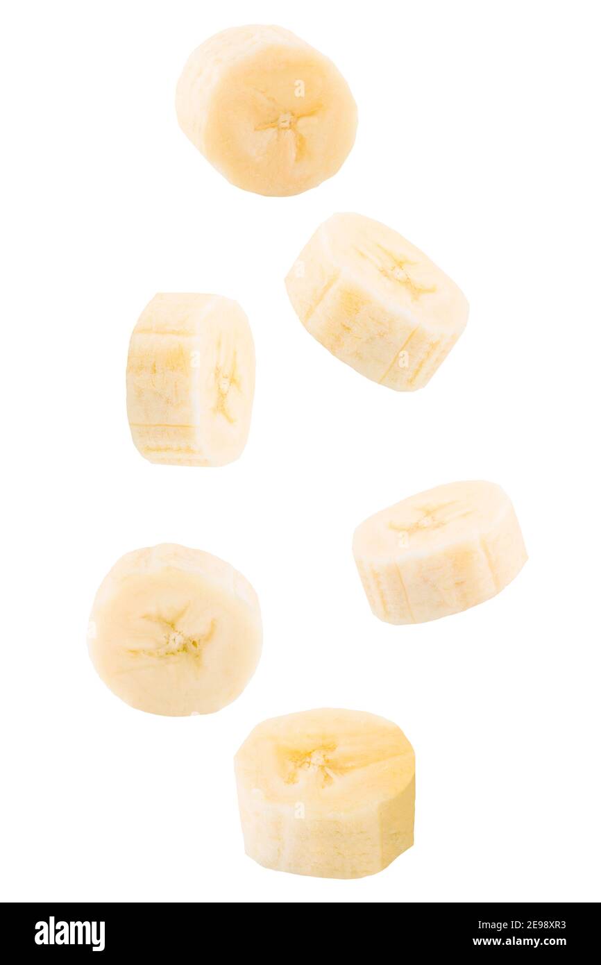 Flying fresh peeled sliced banana fruits on white background Stock ...