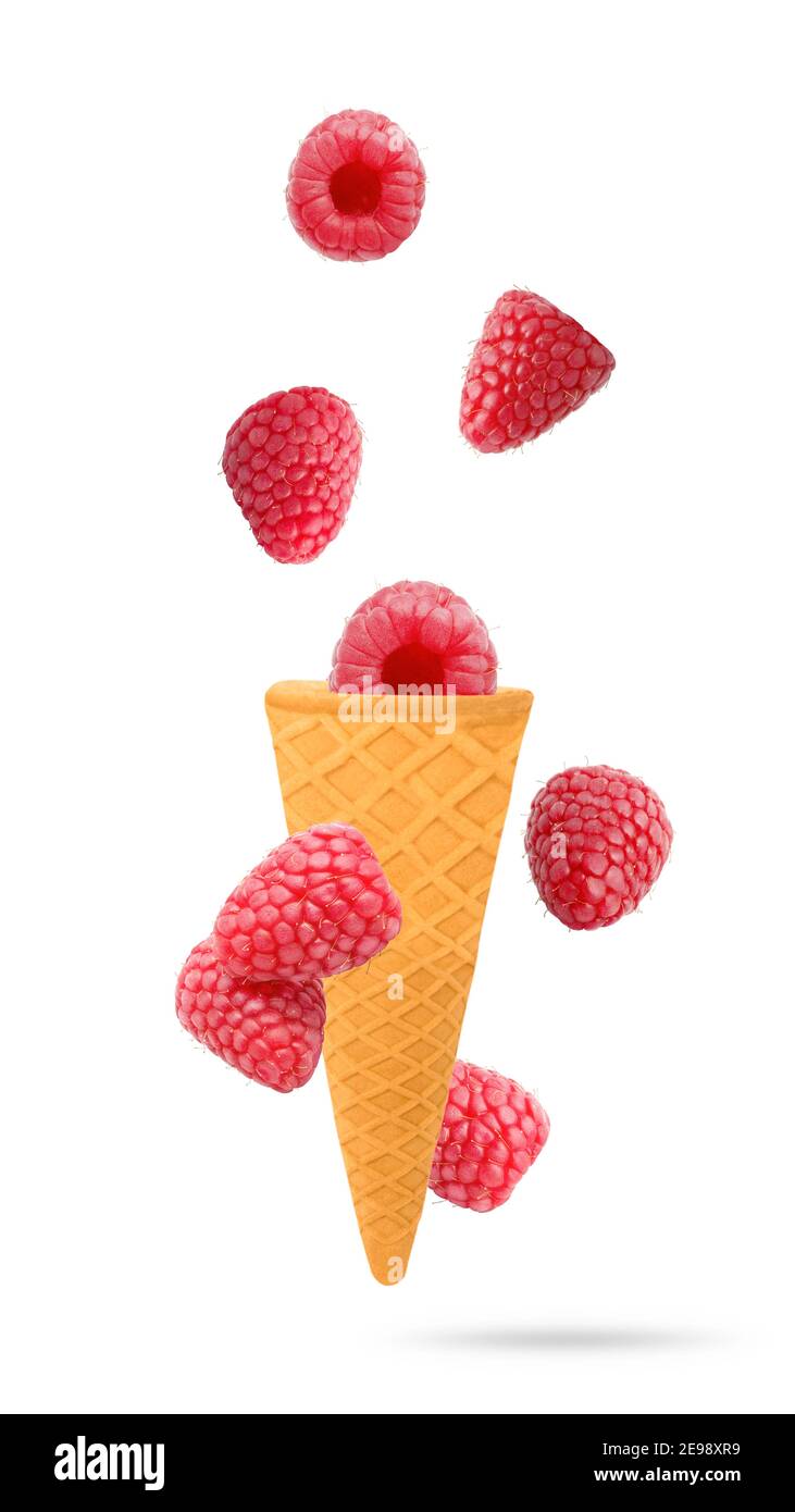 Flying fresh red raspberry fruits on white background Stock Photo - Alamy