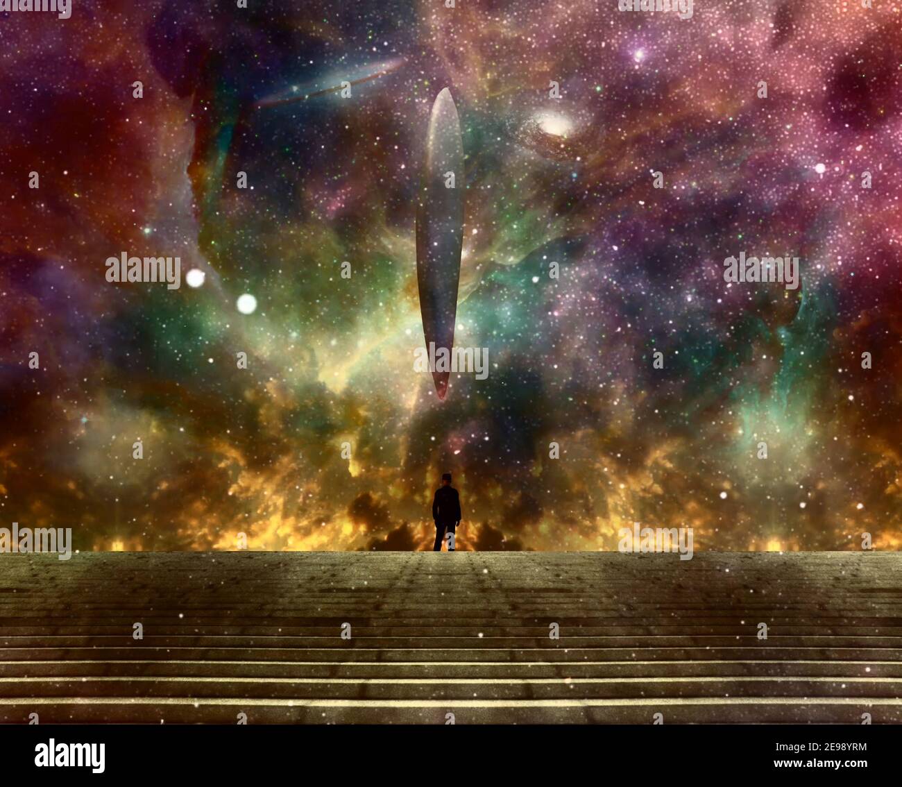 Man sees giant UFO in colorful sky with galaxy and nebula. 3D rendering ...