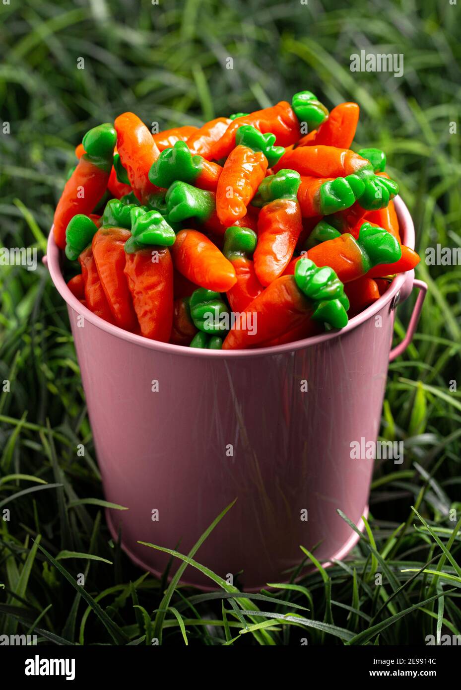 Gummy Candy Carrots in a Pink Bucket on the Grass Stock Photo - Alamy
