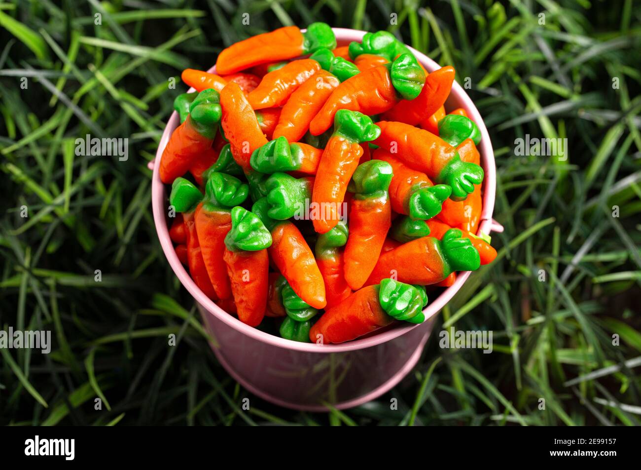 Gummy Candy Carrots in a Pink Bucket on the Grass Stock Photo - Alamy