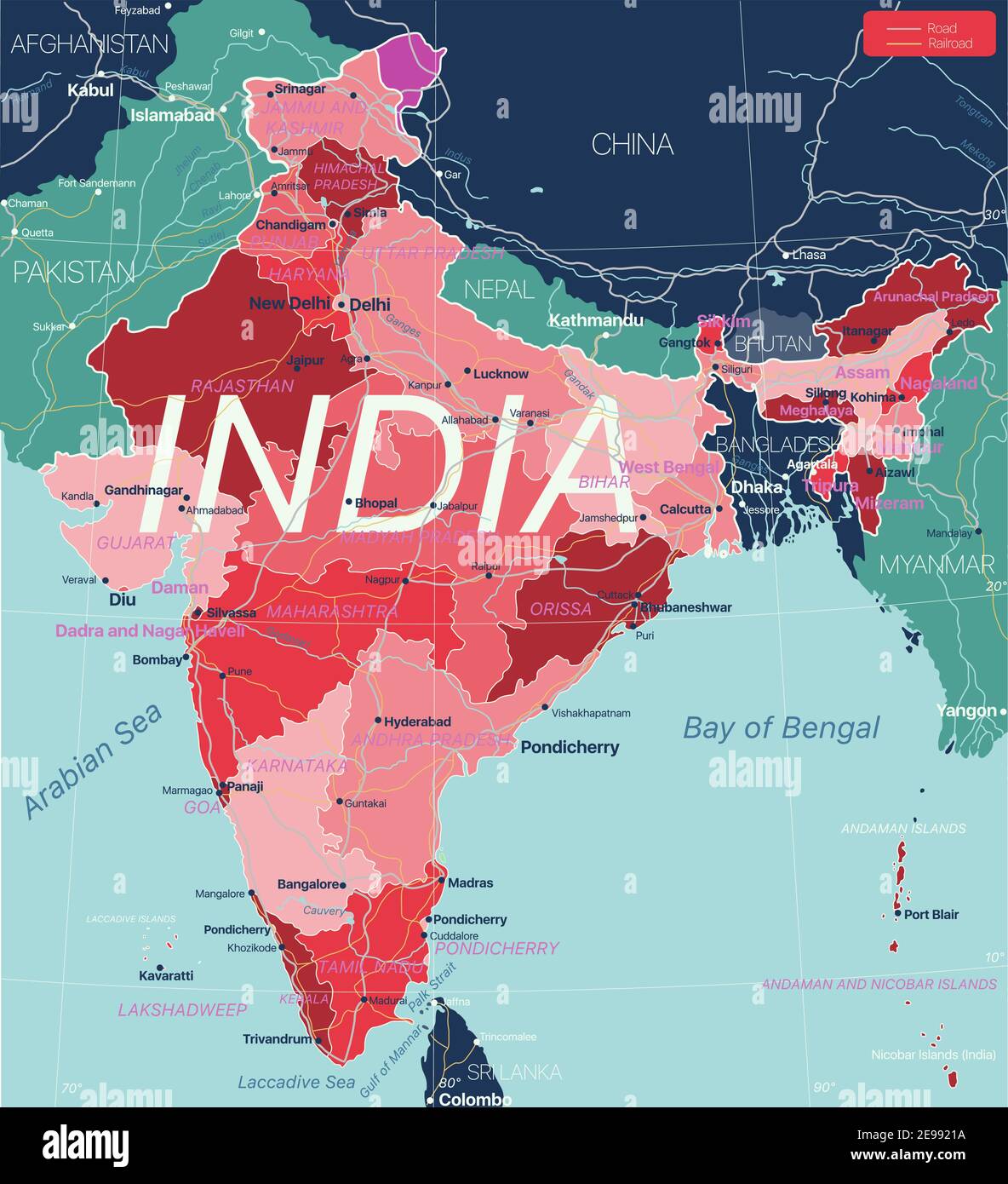 India country detailed editable map with regions cities and towns ...