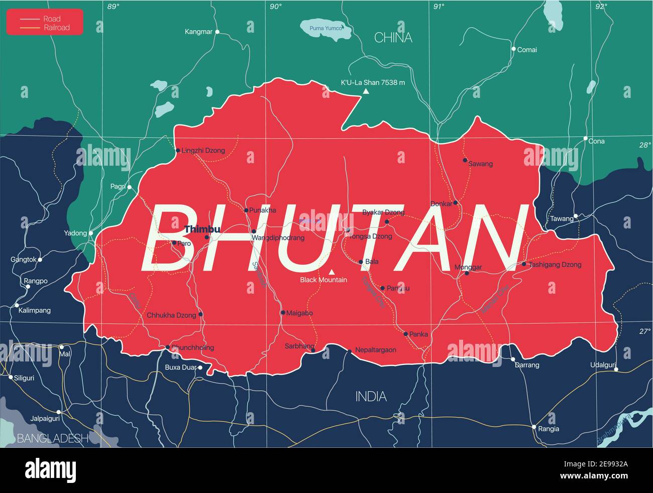 Bhutan country detailed editable map with regions cities and towns ...