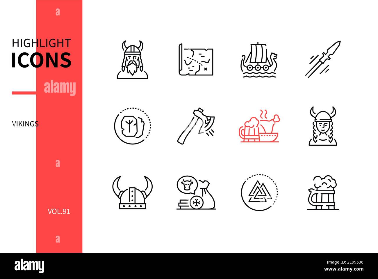 Vikings - modern line design style icons set. Scandinavian culture in ...