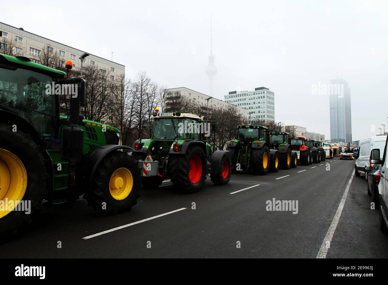 Protest parade with many tractors on Karl-Marx-Allee in Berlin's ...