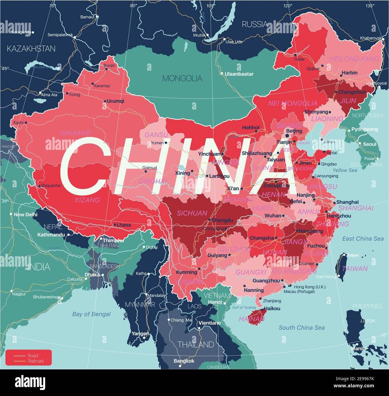 China country detailed editable map with regions cities and towns ...