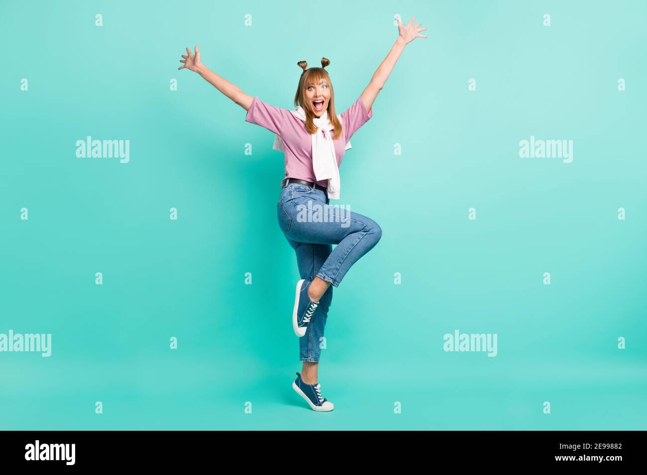 Full body photo of young excited woman happy positive smile rejoice ...