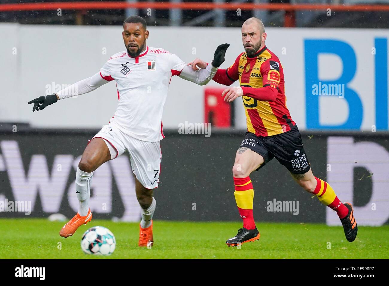 MECHELEN, BELGIUM - FEBRUARY 3: Kevin Nzuzi Mata of RWDM, Steven Defour ...
