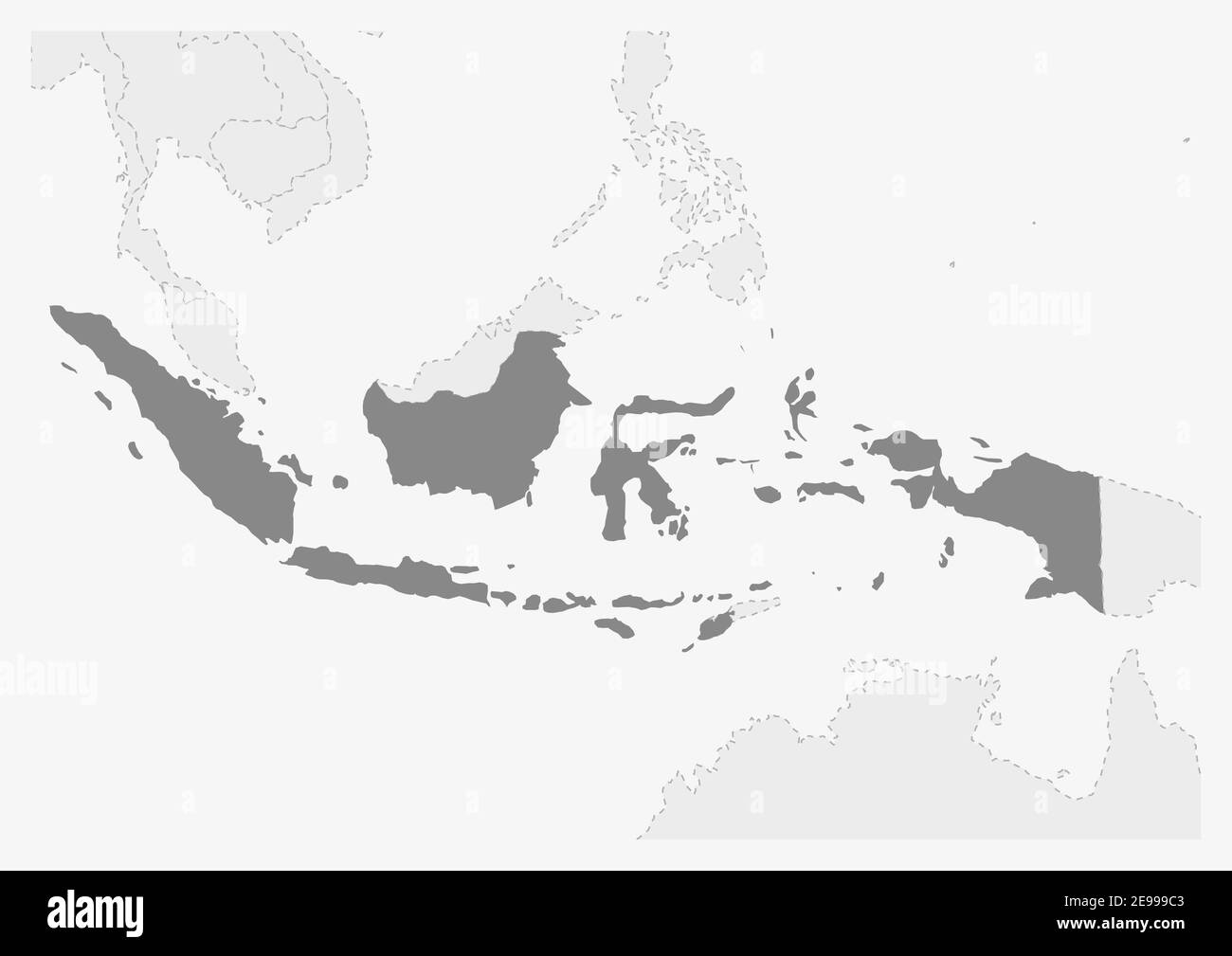 Map of Asia with highlighted Indonesia map, gray map of Indonesia with ...