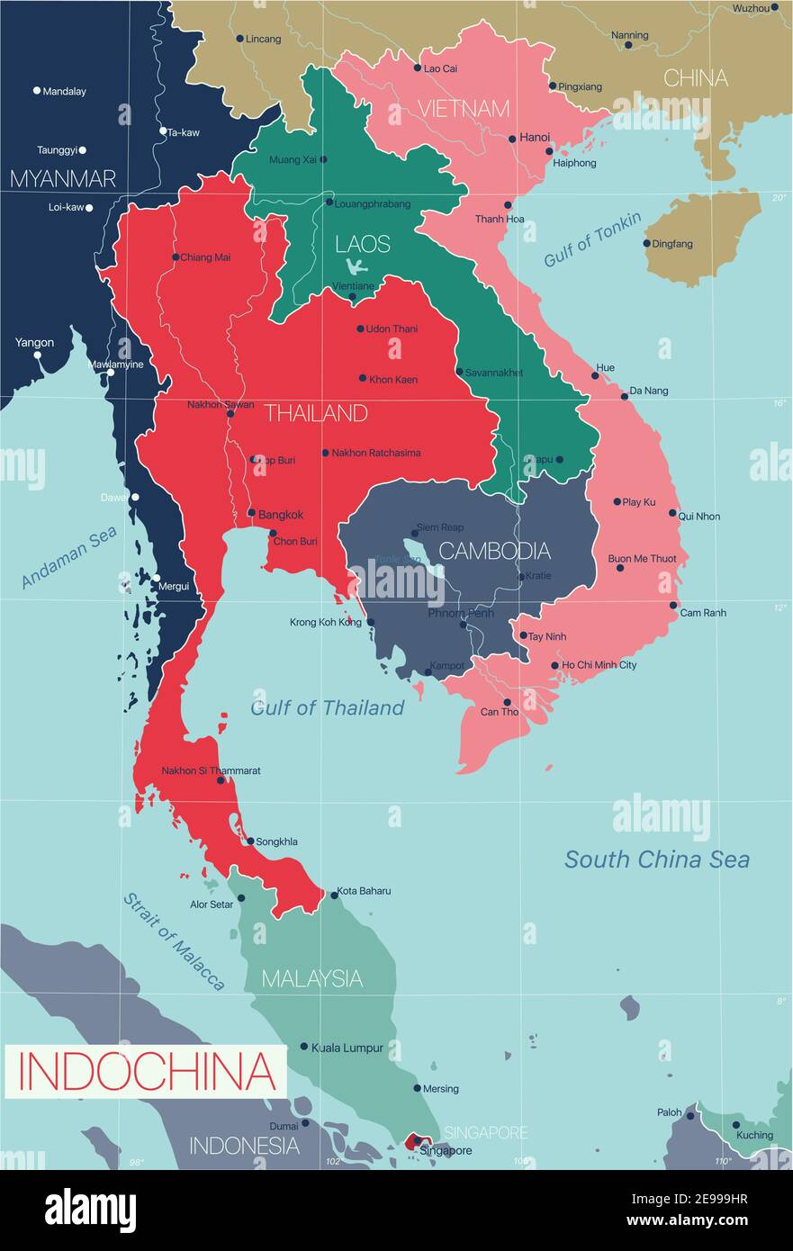 Indochina detailed editable map with countries cities and towns. Vector ...