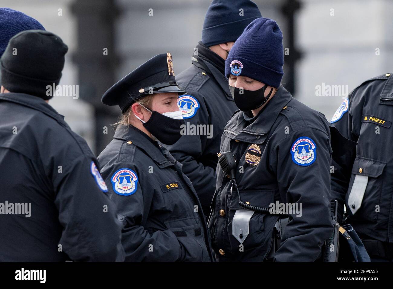 U.S. Capitol police comfort each other following the departure of an ...