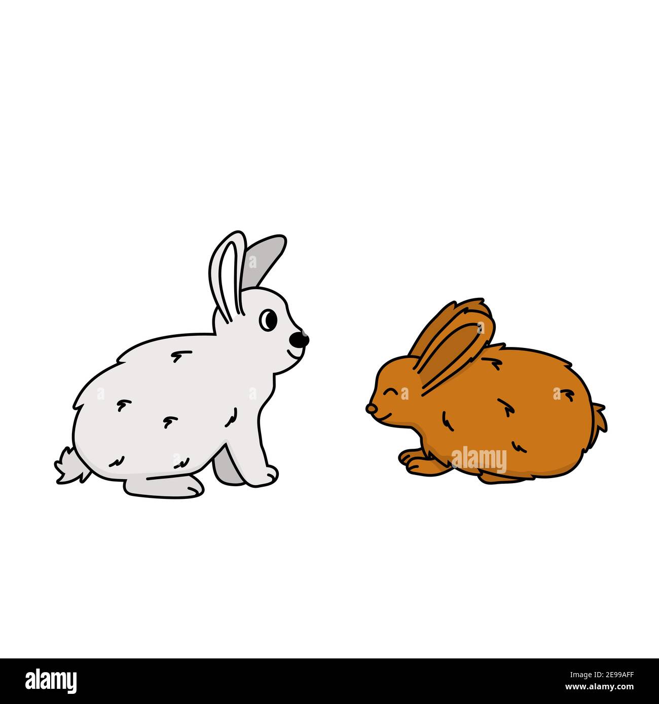 A set of two cute cartoon outline hares or rabbits. Side isolated view ...