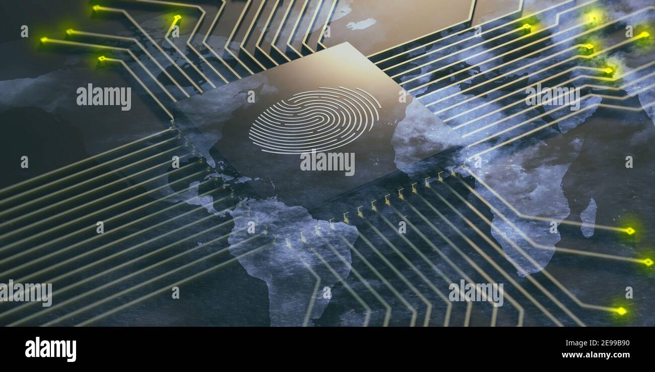 Fingerprint integrated in a circuit, futuristic technology background ...