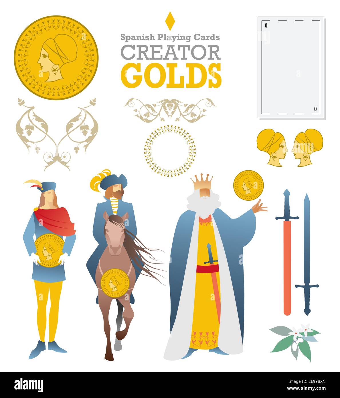 Creator deck of Spanish playing cards. Golds. Symbols and characters of ...