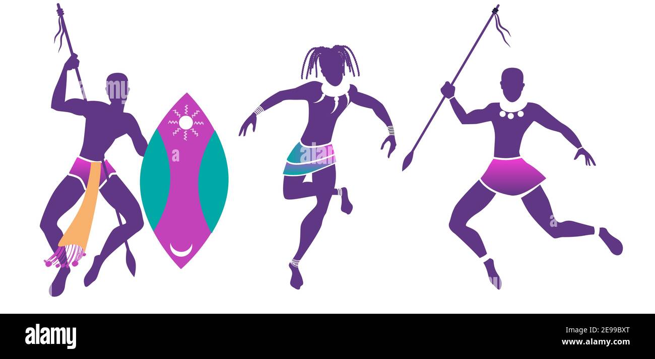 Silhouettes of African warrior men in tribal and ritual dancing poses ...
