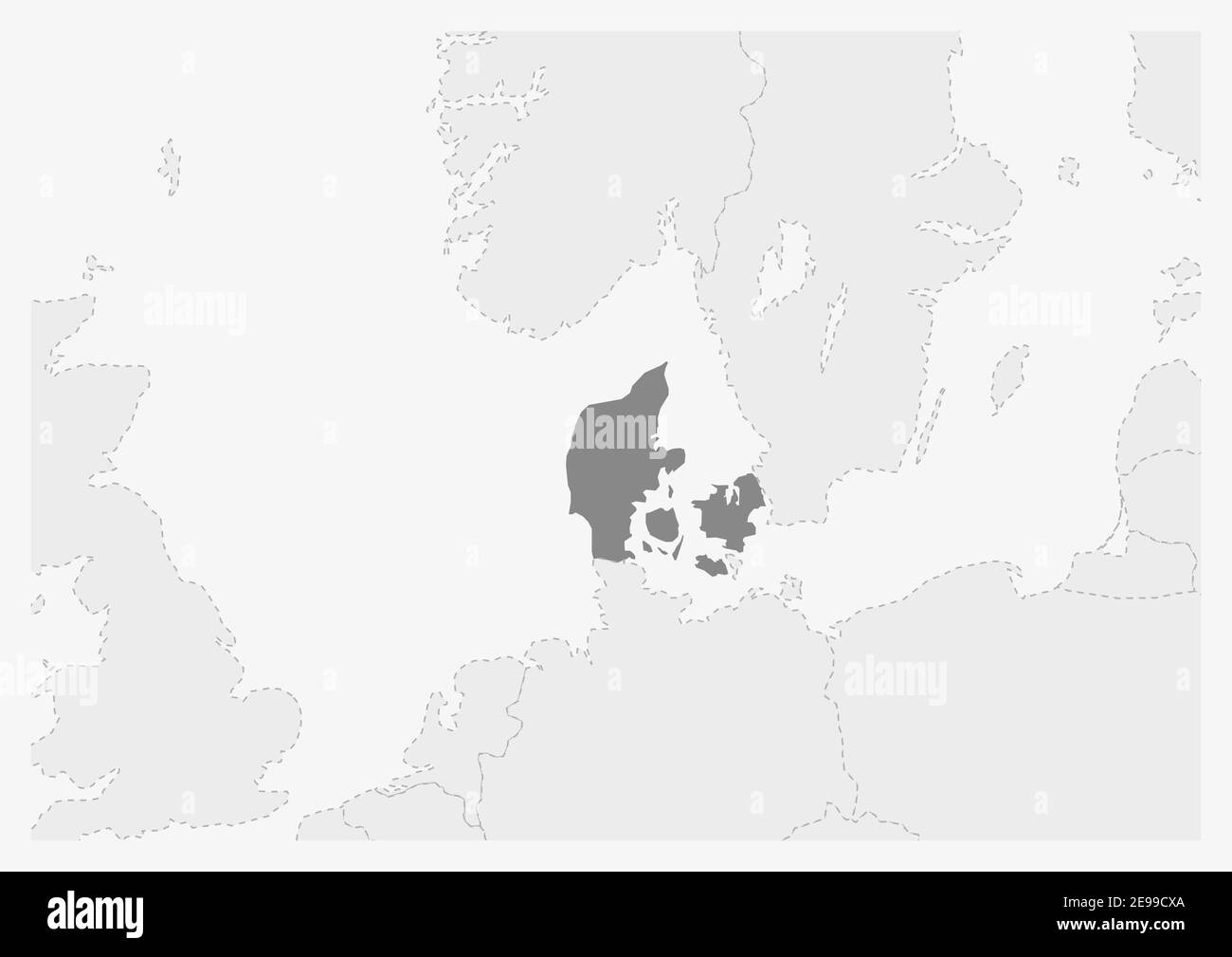 Map of Europe with highlighted Denmark map, gray map of Denmark with ...