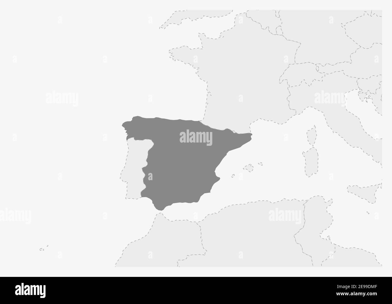 Map of Europe with highlighted Spain map, gray map of Spain with ...