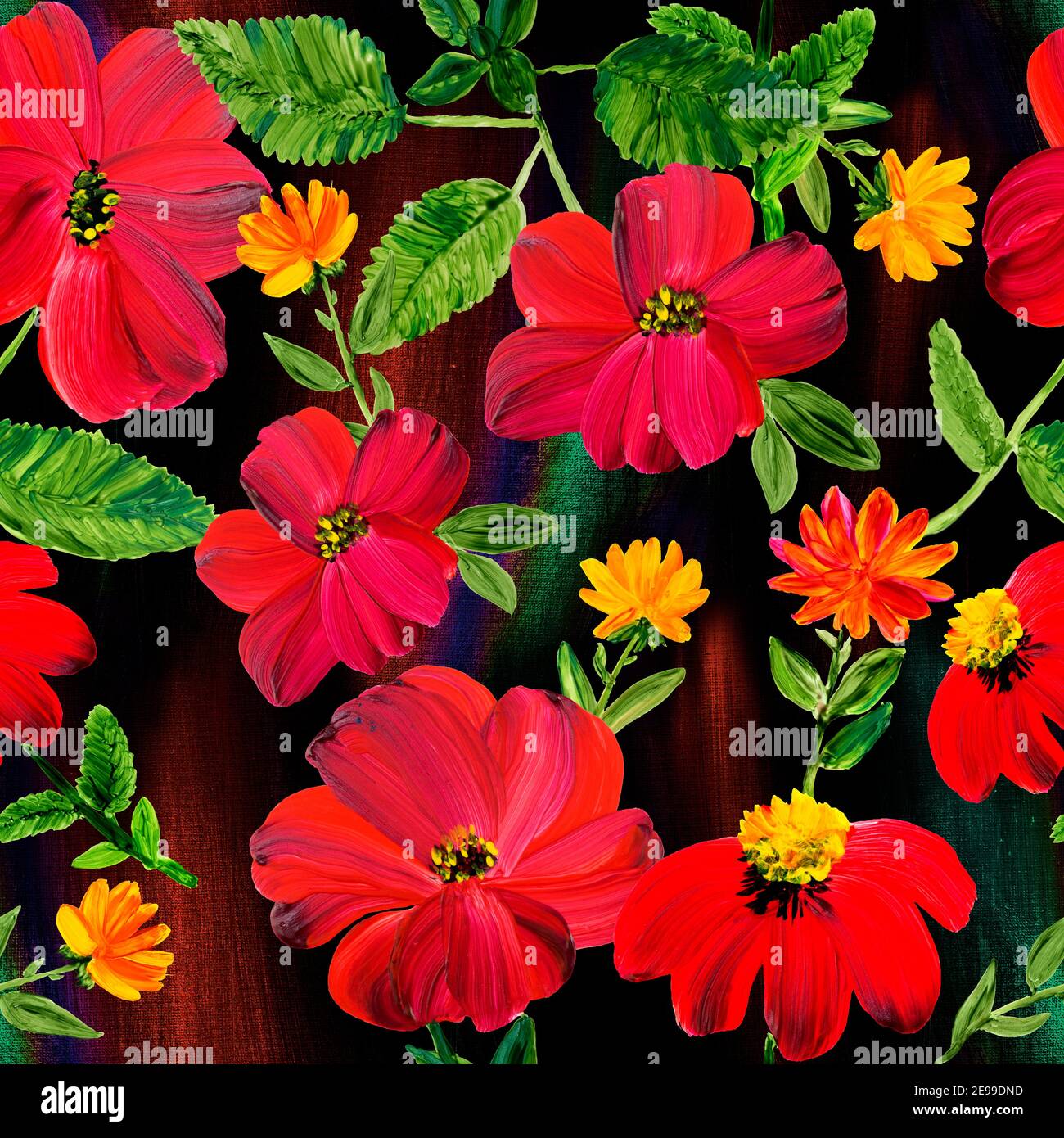 Floral seamless pattern of abstract red flowers, acrylic hand painted ...