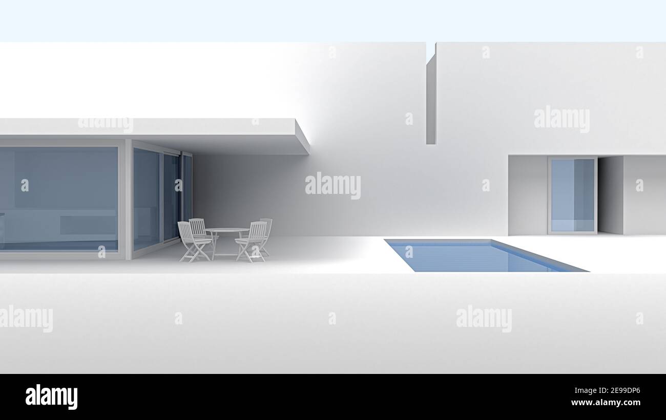 modern minimalistic white building exterior with swimming pool. 3d ...