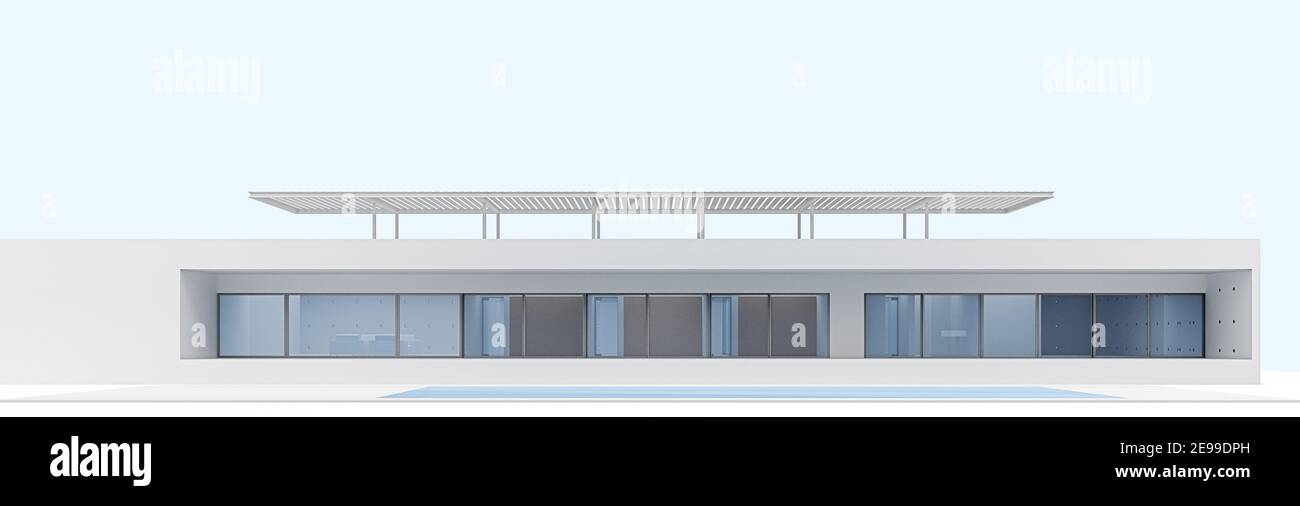 frontal view of a one-storey modern house with panoramic transparent ...