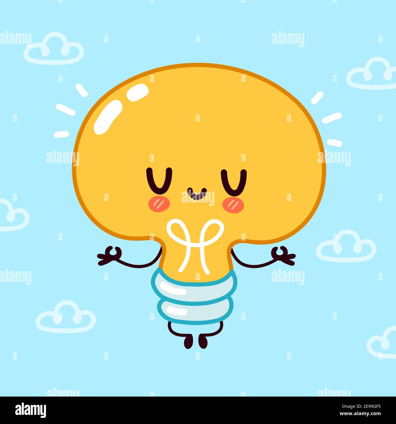 Cute funny light bulb, lamp character meditate. Vector flat line ...
