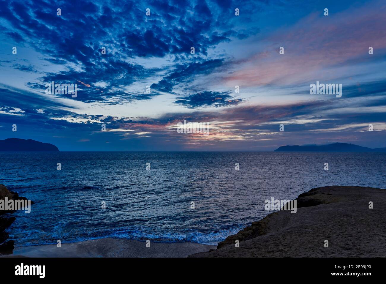 sunset at the coast line of Peru during blue hour at Paracas national ...