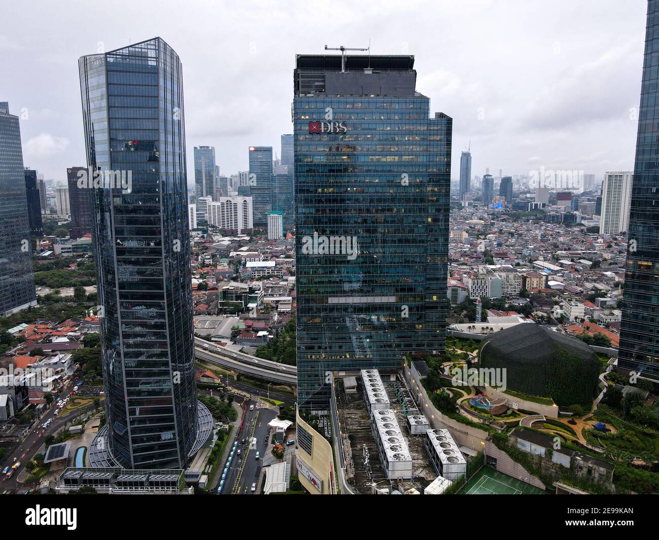 Aerial view of DBS Bank building in Jakarta and noise cloud with ...