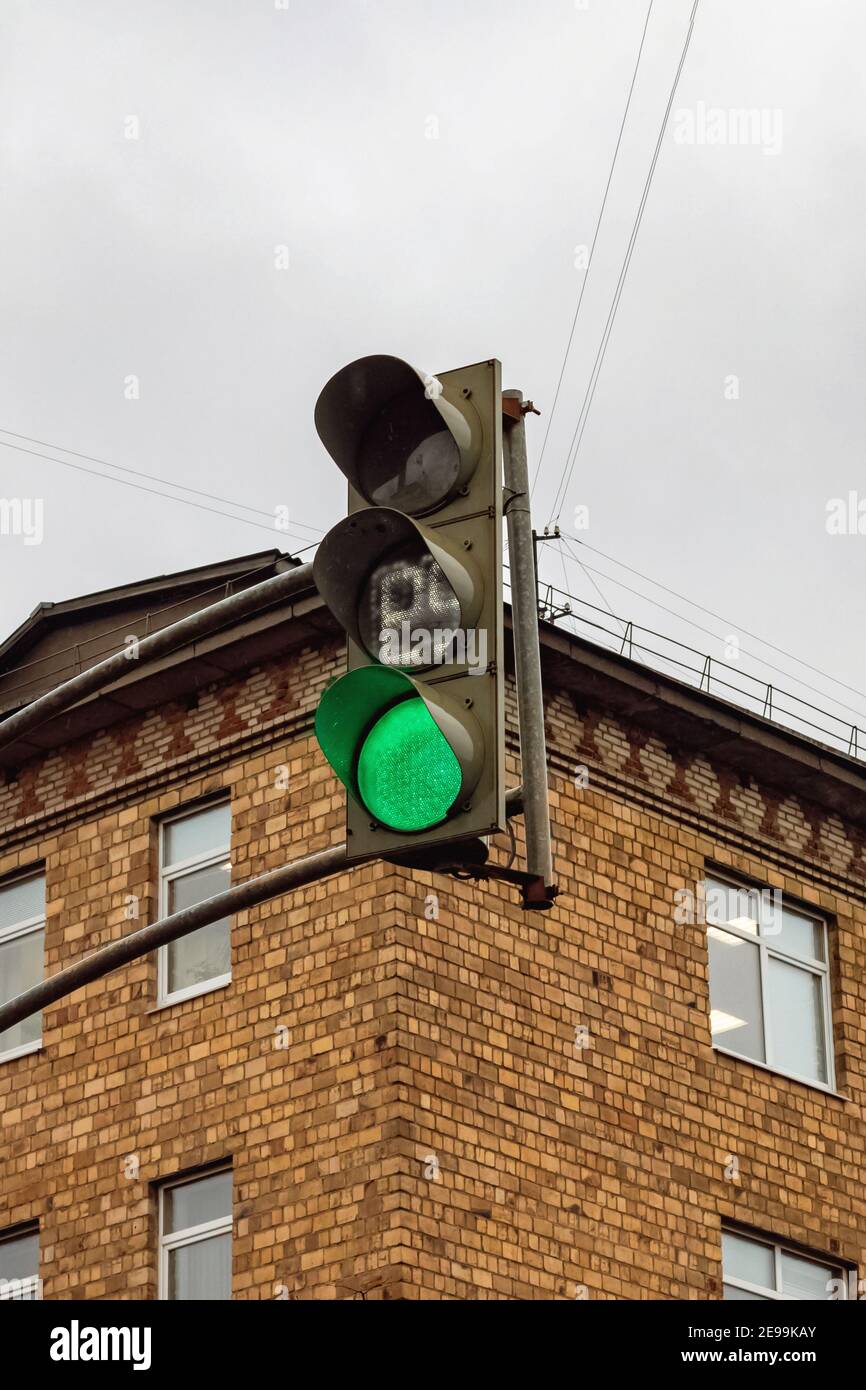City traffic light for cars and tram on retro house background Stock ...