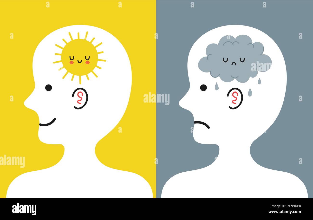 Cute human head in profile with sun and rain cloud inside. Good and bad ...