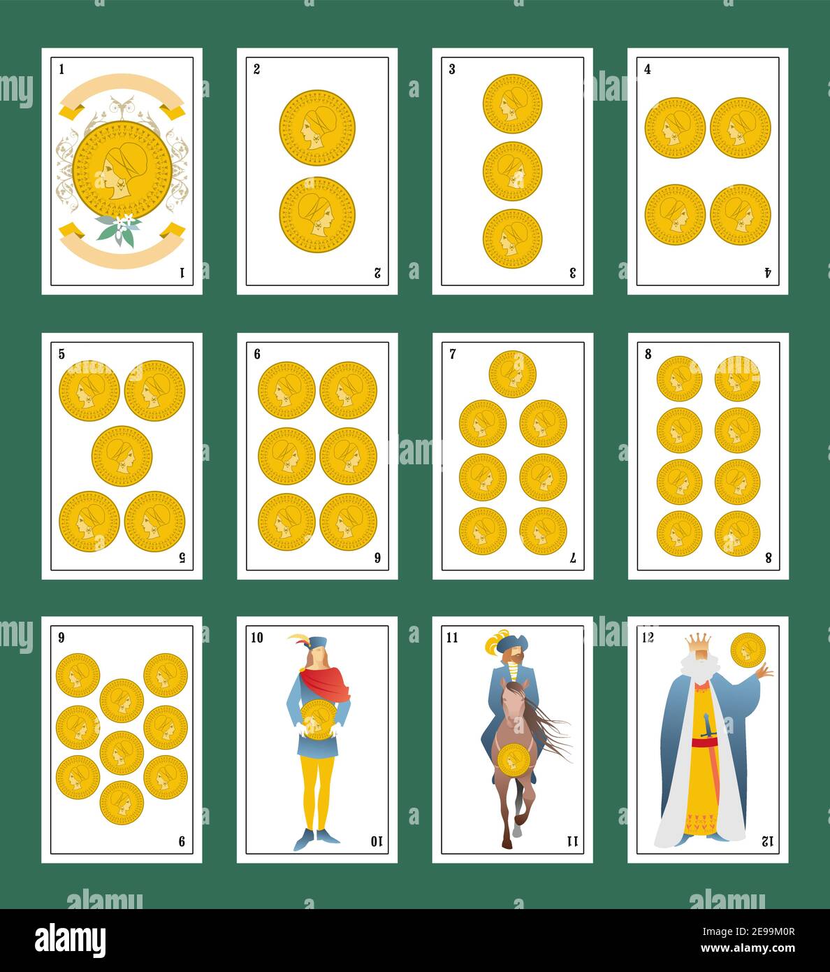Deck of Spanish playing cards. Golds. From Ace to the figures of the ...