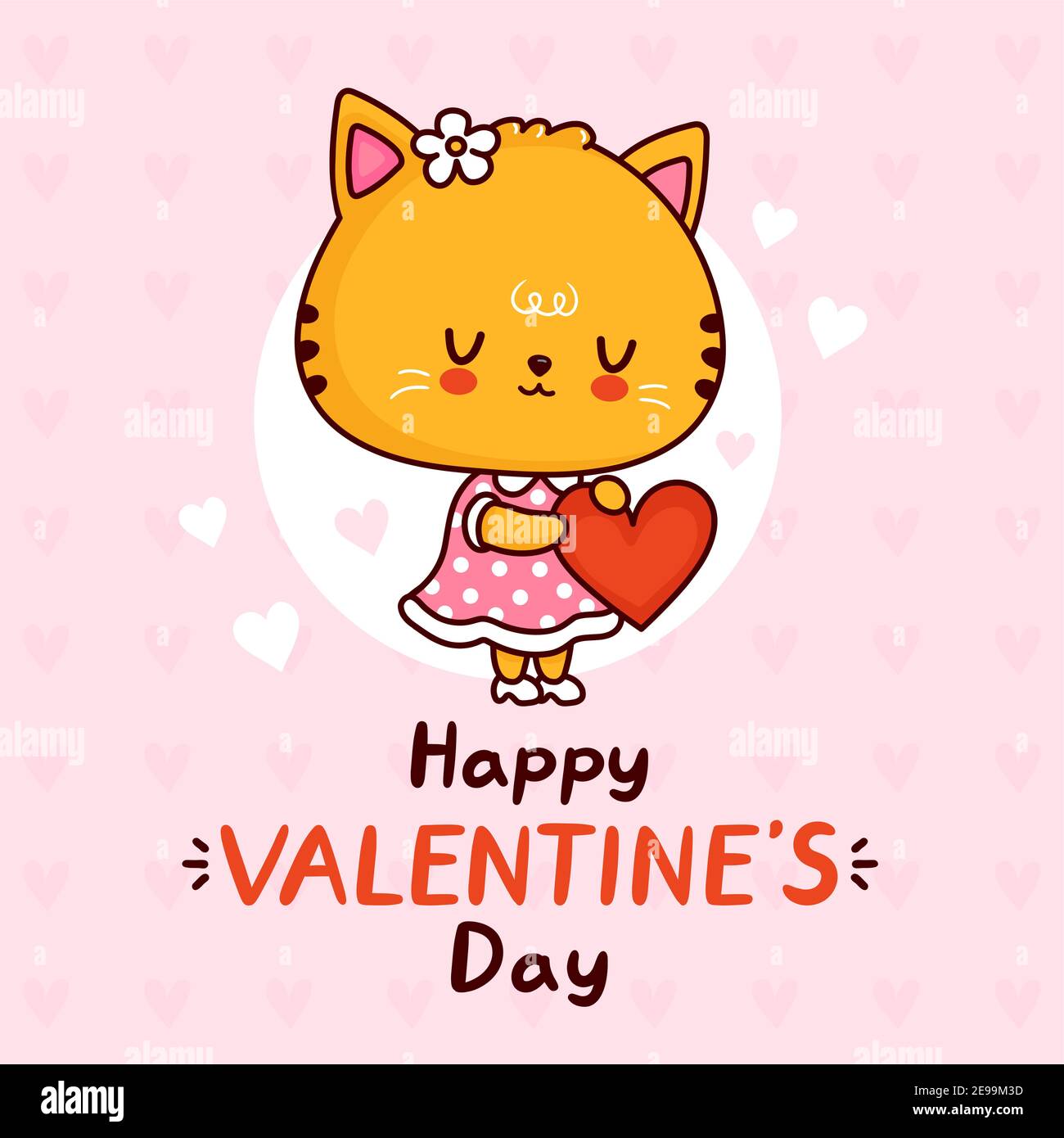 Cute Cat In Dress With Heart Happy Valentines Day Card Vector Flat