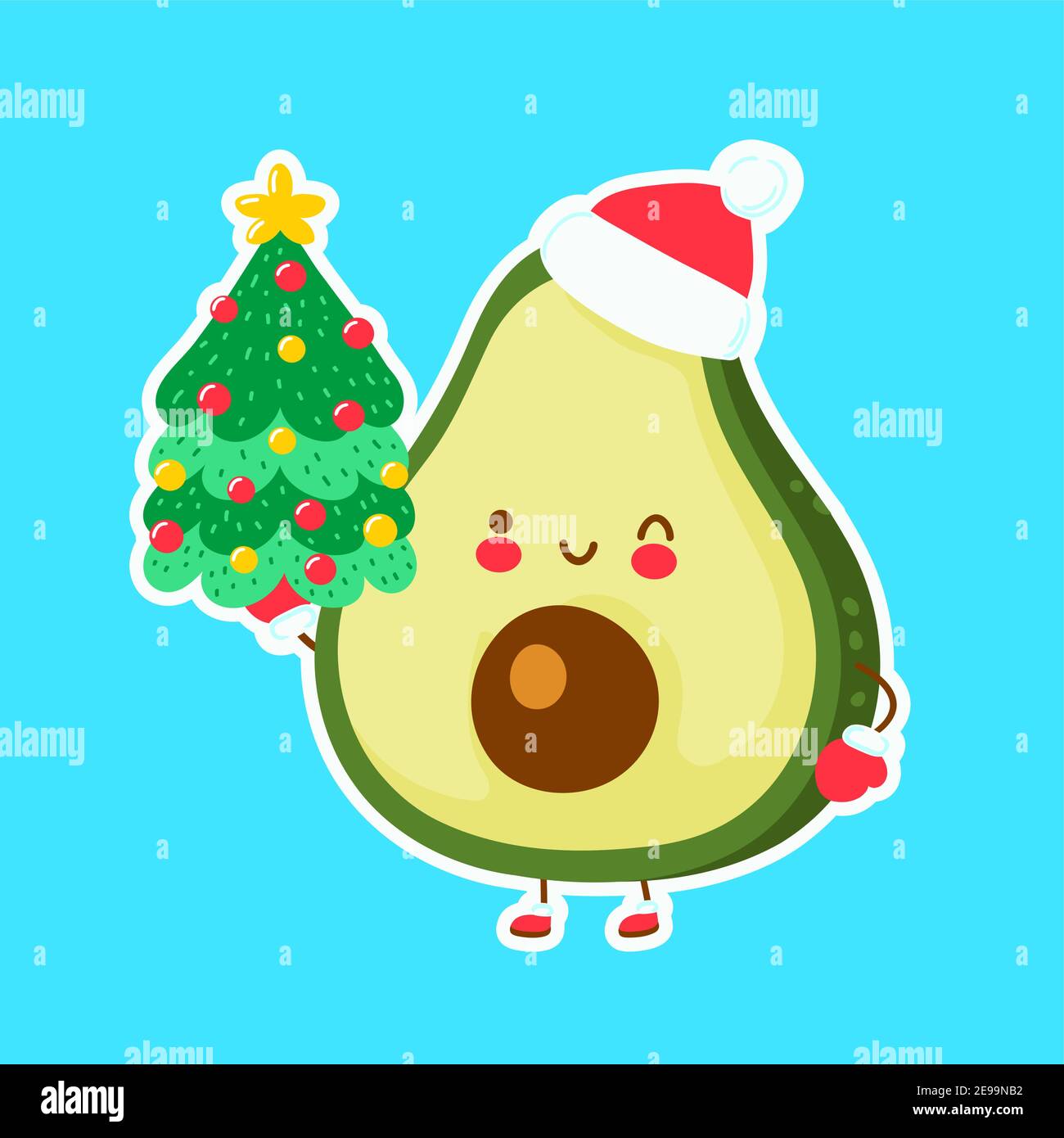 Cute happy funny christmas avocado. Vector cartoon character hand drawn ...