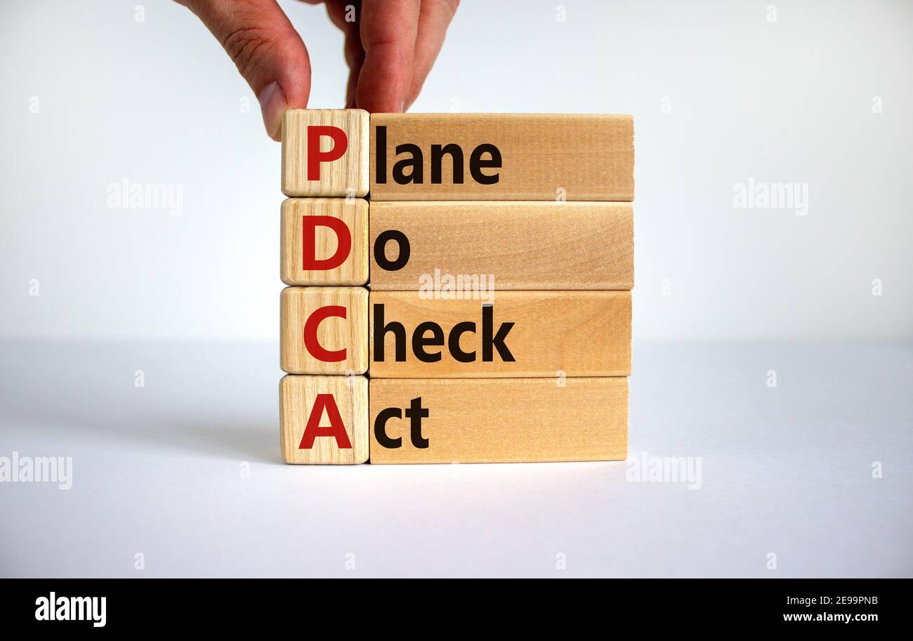 PDCA, plan do check act symbol. Businessman hand. Wooden cubes and ...
