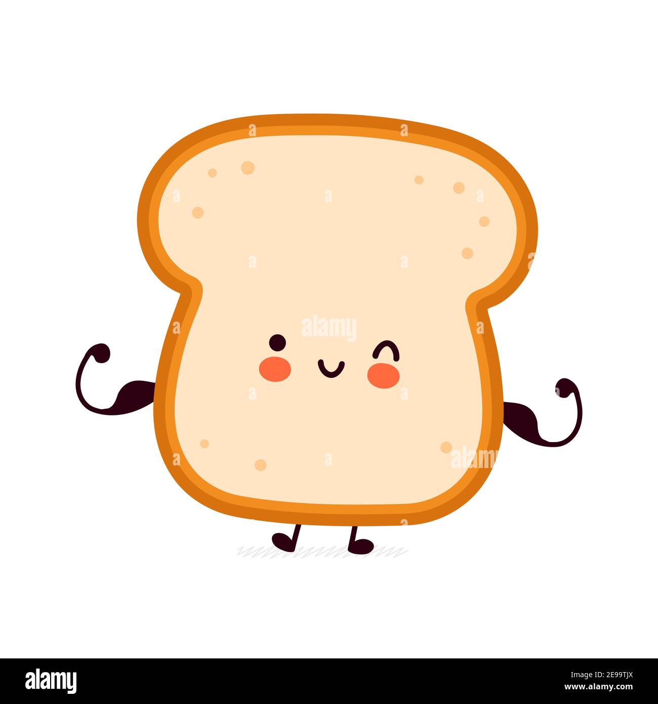 Cute funny strong bread toast show muscle character. Vector flat line ...